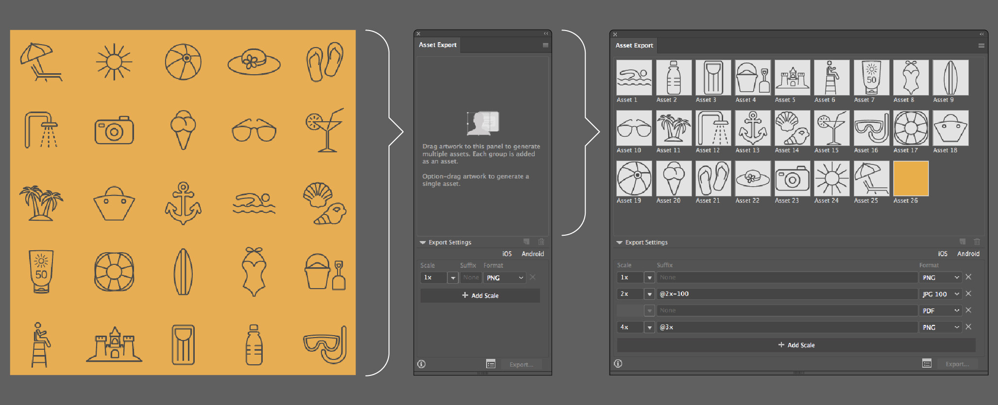 Collect assets and export in batches