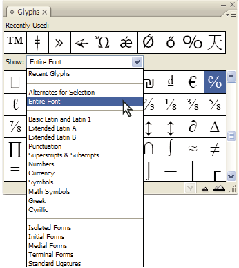 Glyphs and special characters