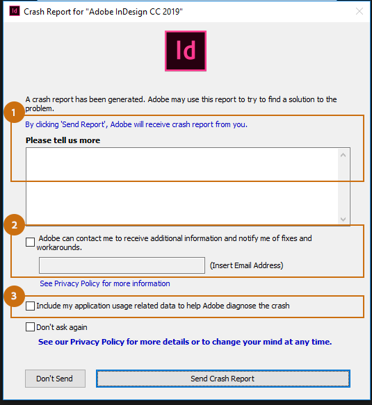 Submit a crash report for InDesign.