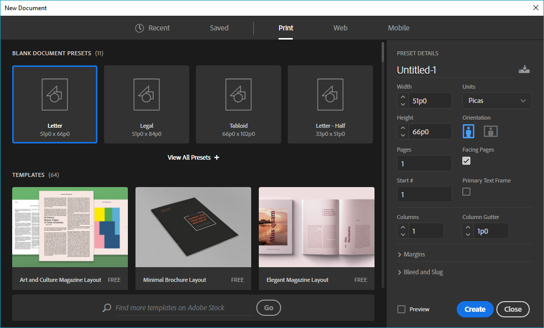 Create documents from a wide variety of templates and presets