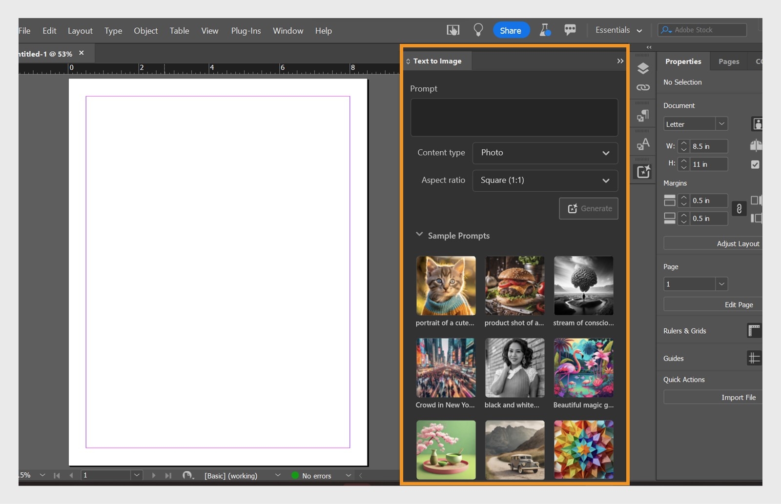 Generate images in InDesign (Beta) using simple text prompts