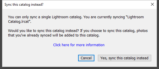 How to sync another Lightroom desktop catalog with Lightroom for mobile