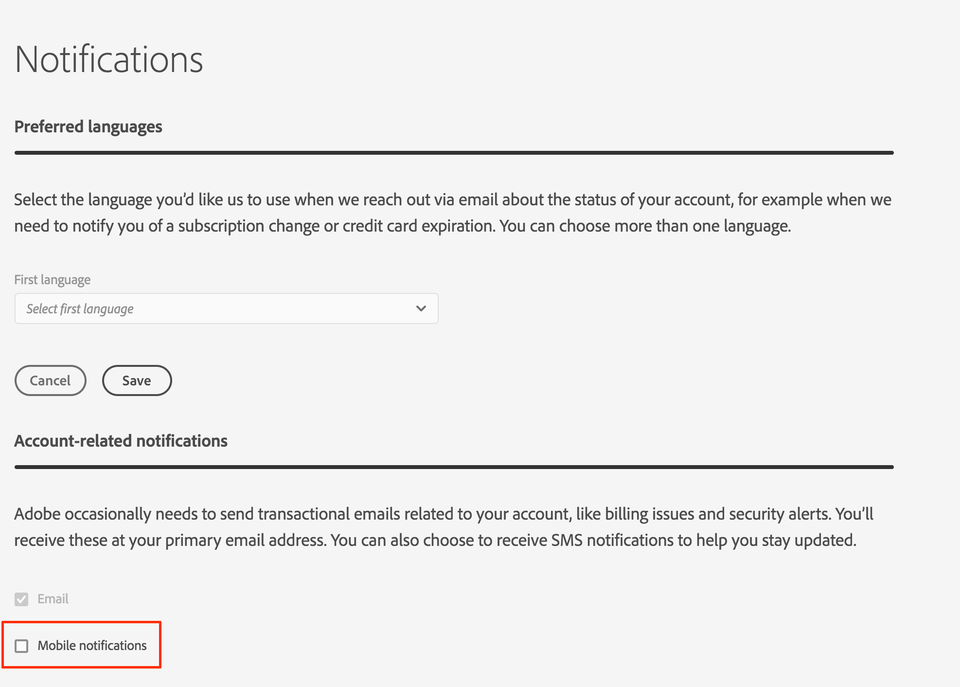 Enable text (SMS) notifications about your Adobe account transactions