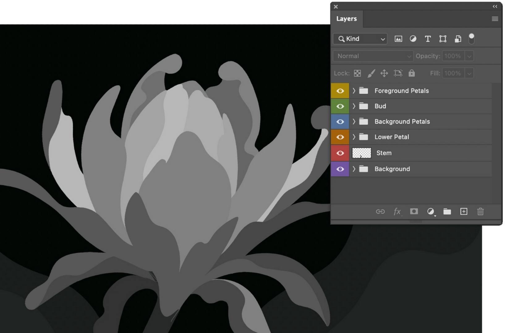 Bring flowers to life with coloring and shading in Photoshop.