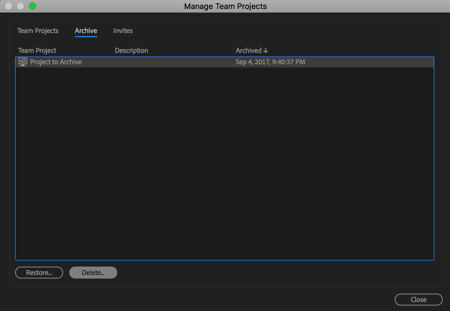 Archive, restore, or delete Adobe Team Projects