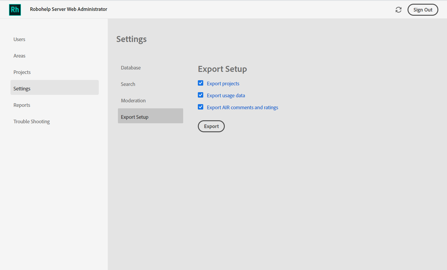 Export and import context settings in Adobe RoboHelp Server 11