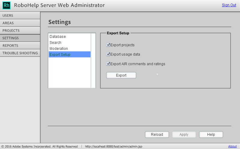 Export and import context settings in Adobe RoboHelp Server 10