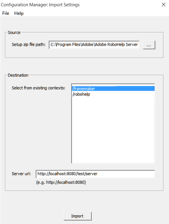 Export and import context settings in Adobe RoboHelp Server 11