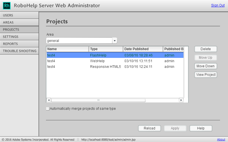 Publish projects from FrameMaker (2015 release) to Adobe RoboHelp Server 10