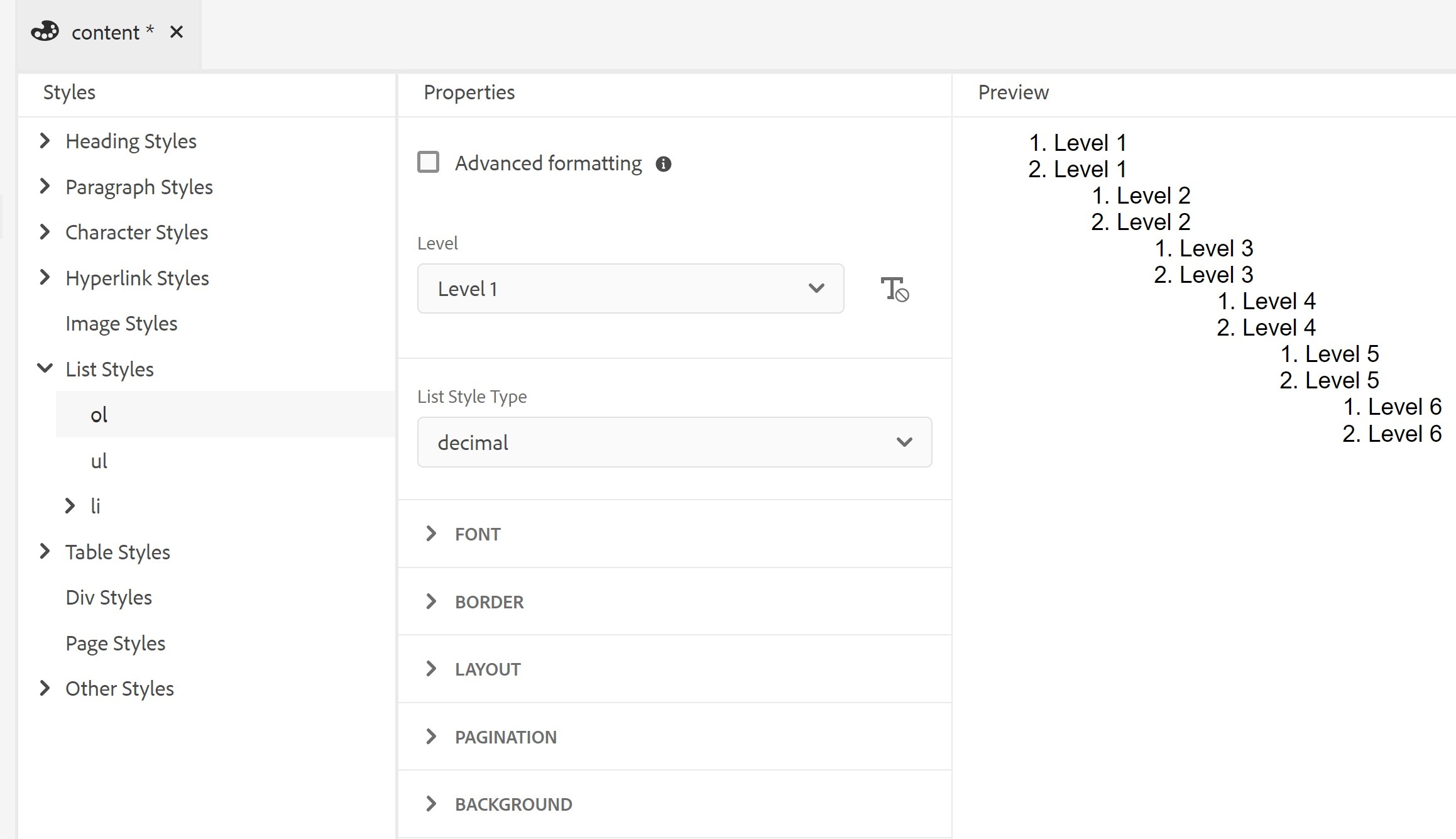 Work with the common content styles