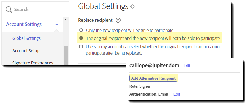 Configure the option to replace a recipient on an agreement