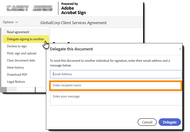 Require recipient name when configuring an agreement or web form