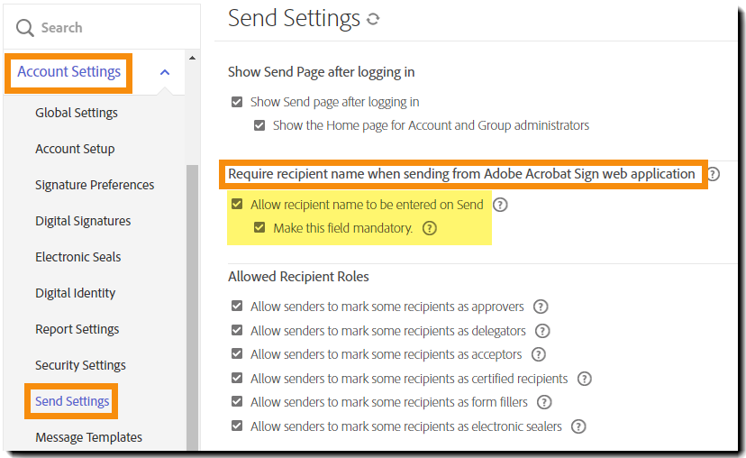 Require recipient name when configuring an agreement