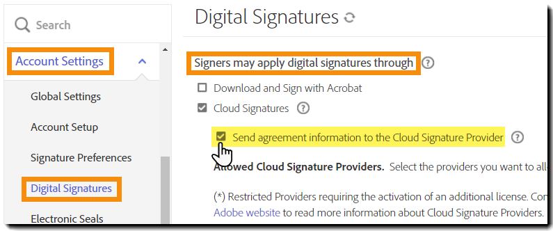 Send metadata to the cloud signature provider