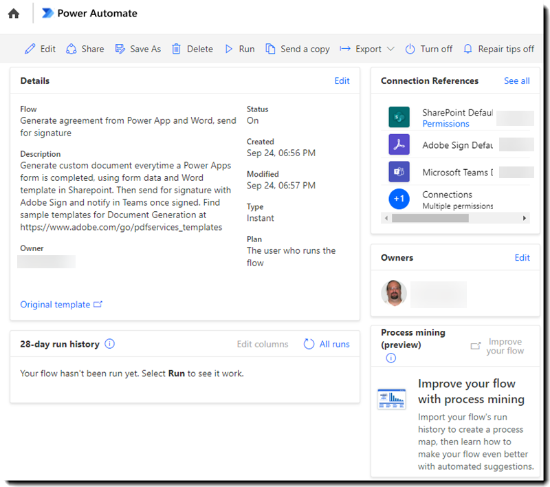 Generate doc from Power App form and Word template, send for signature