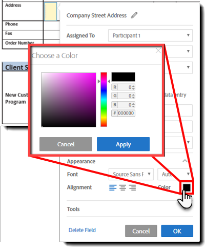 Set field appearance