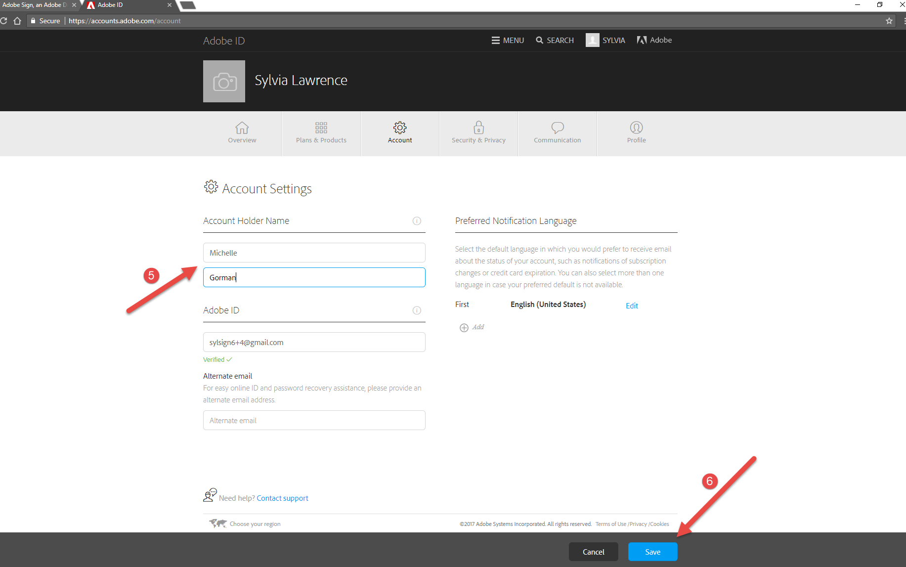 Change name for an Adobe Sign Profile when using an Adobe ID to log in