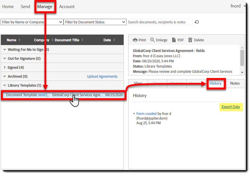 Export field data from an agreement or template from the Manage page