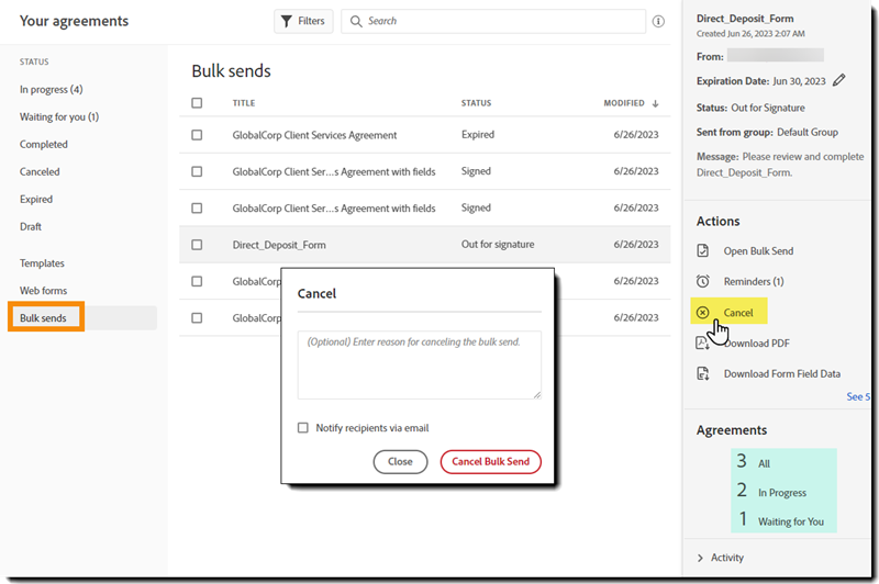 Cancel a Send in Bulk parent template