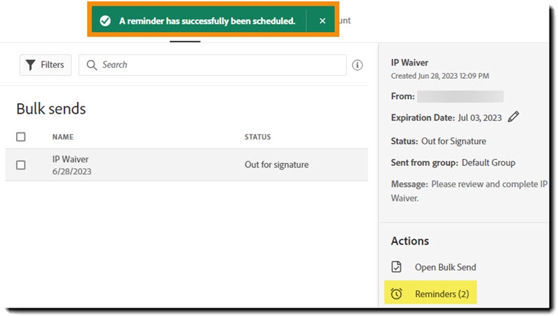 Add reminders to a Send in Bulk template on the Manage page