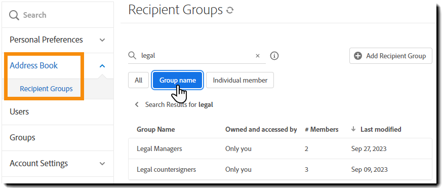 Reusable recipient groups