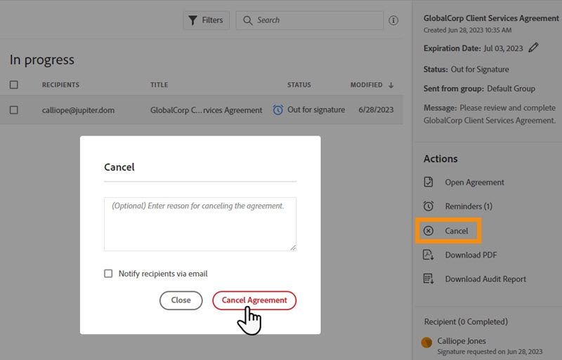 Cancel an individual agreement