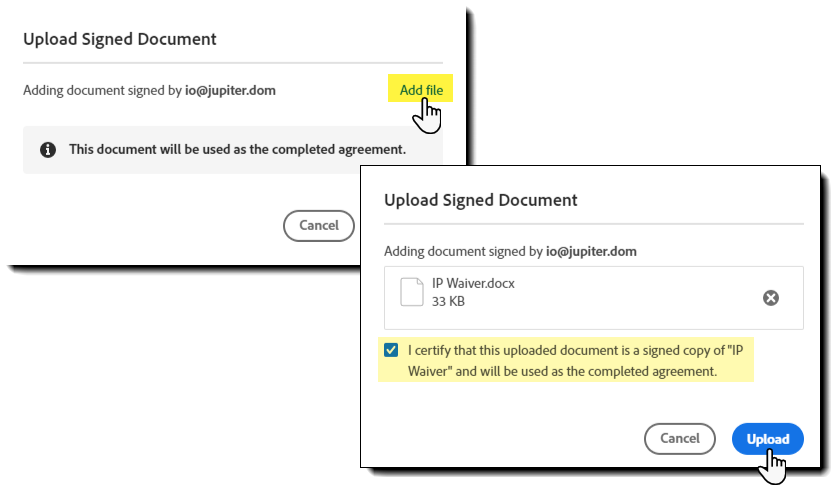 Upload a signed copy of an agreement