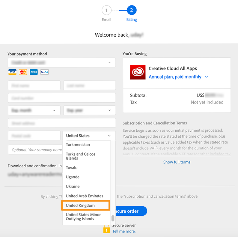Change the country associated with your Adobe ID