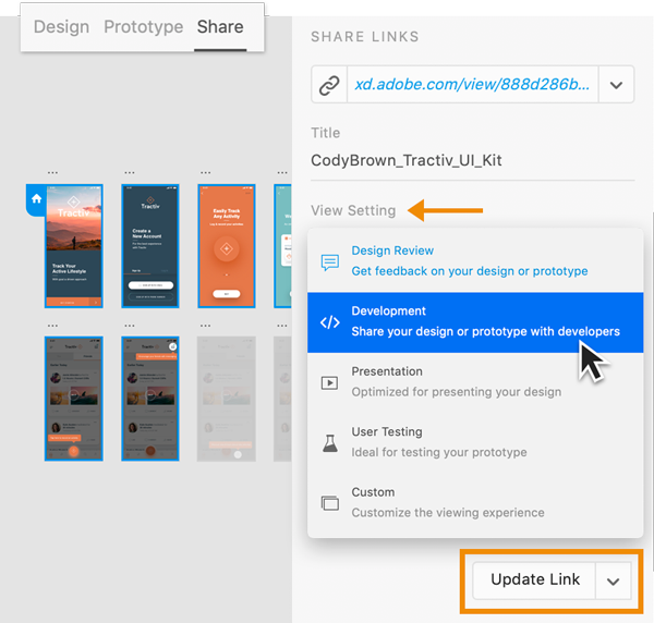Share designs and prototypes using pre-defined presets in XD