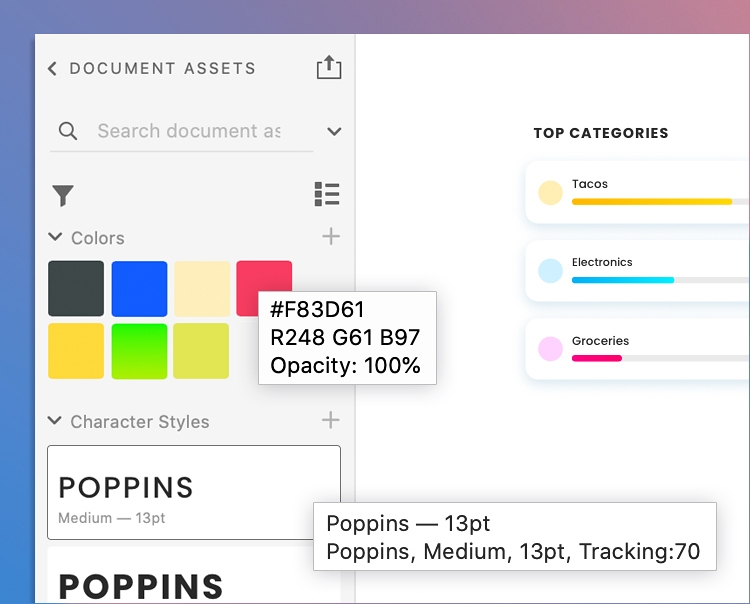 Work with document assets panel in XD