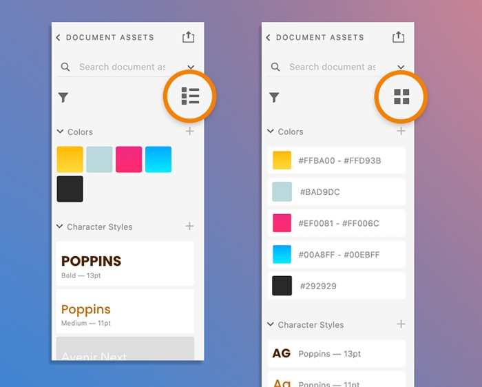 Work with document assets panel in XD