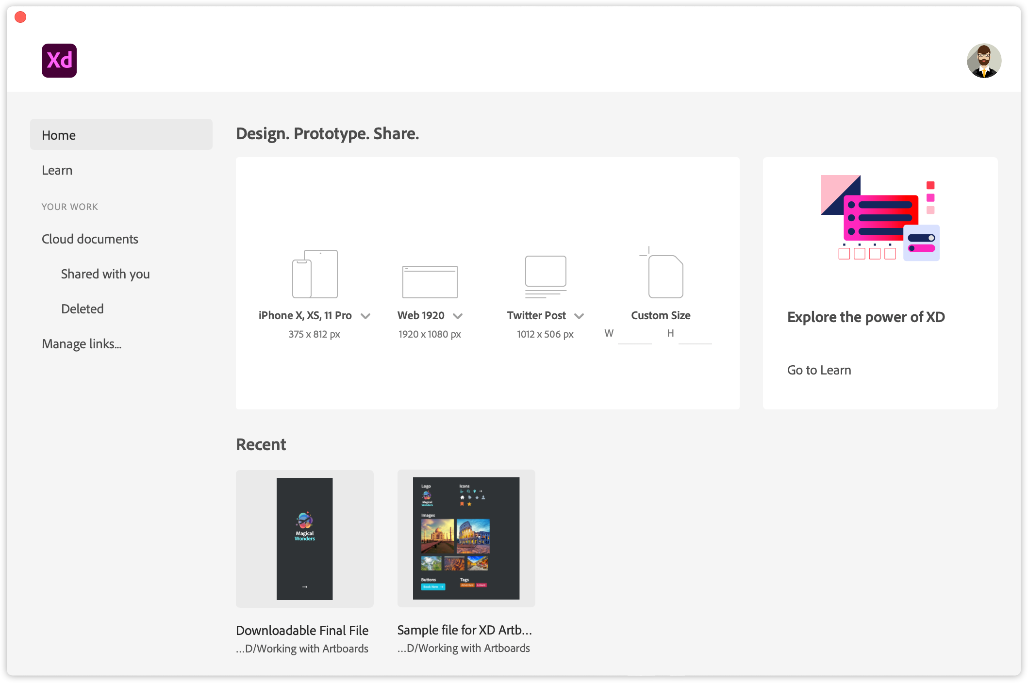 Learn how to navigate and use the workspace in XD.