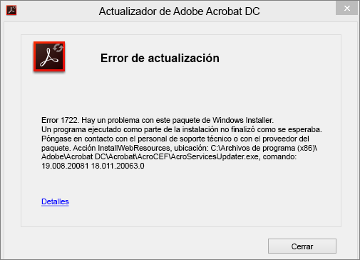 Error 1722 al instalar/actualizar Acrobat DC/Acrobat Reader DC en Windows