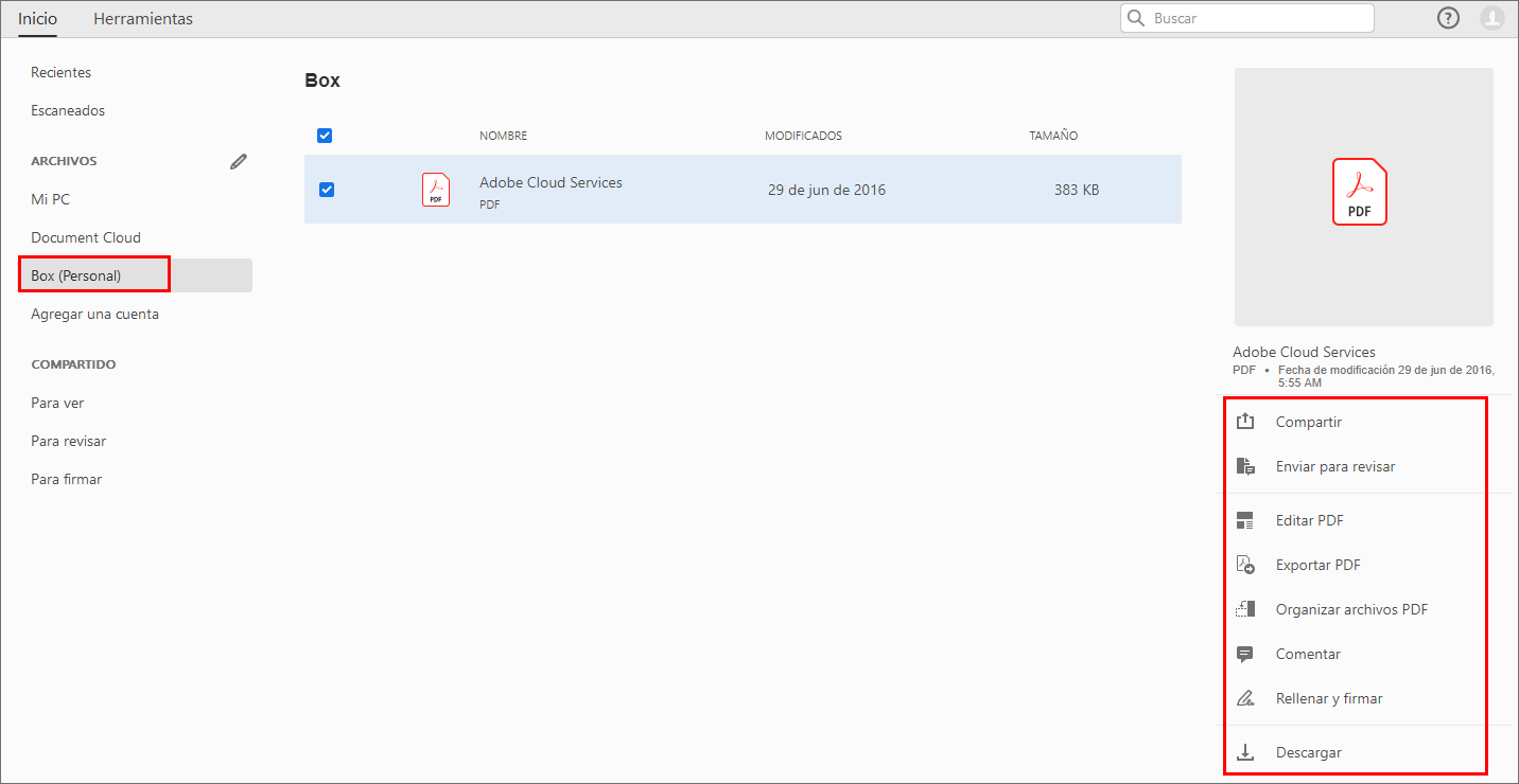 Acceder a sus archivos de Box en Acrobat/Reader