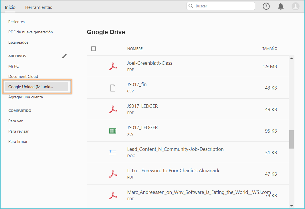 Acceda a sus archivos de Google Drive desde Acrobat