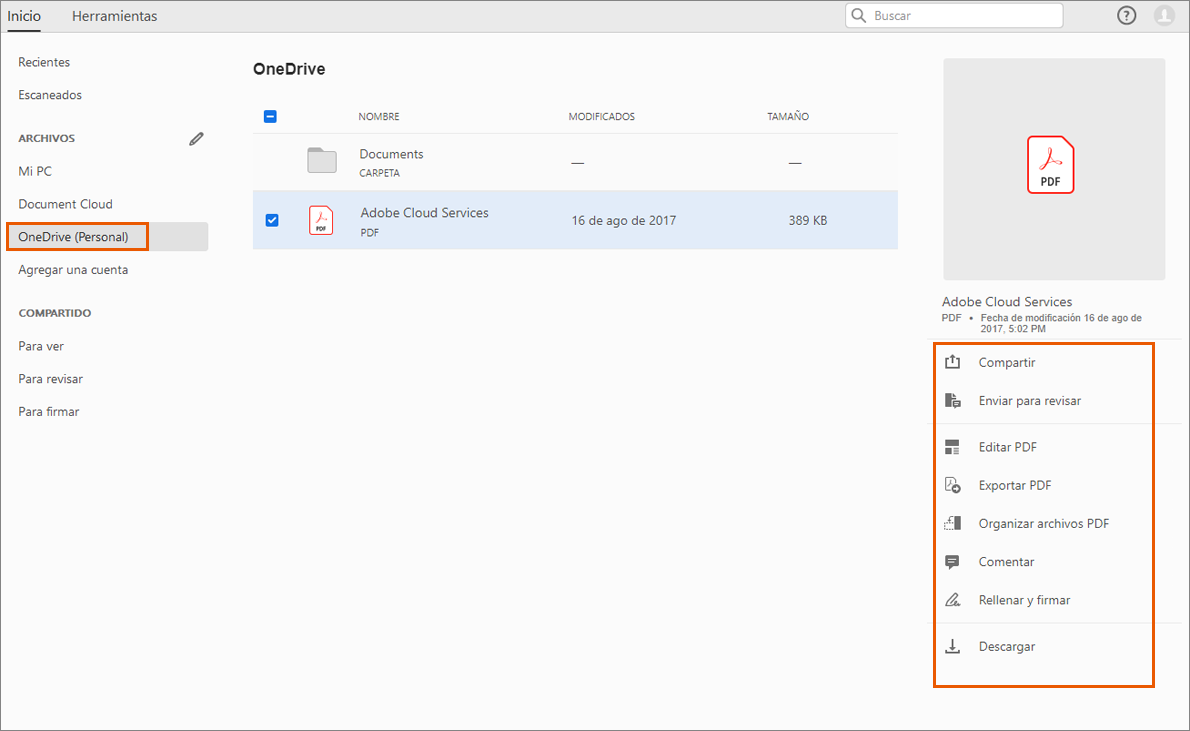 Acceder a sus archivos de OneDrive en Acrobat/Reader