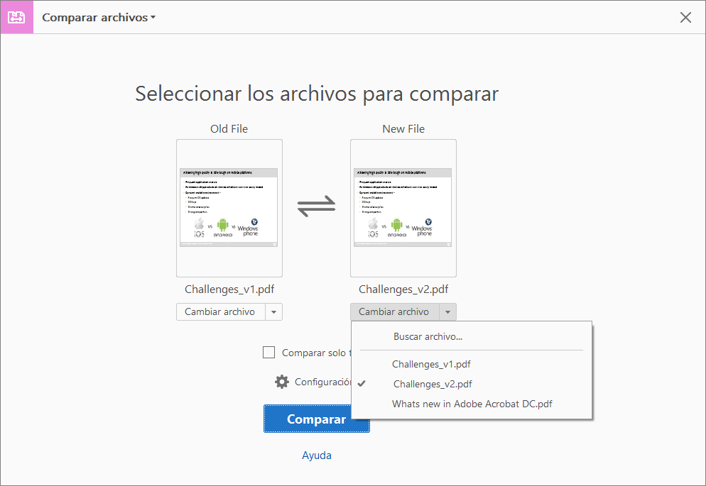Comparación de dos versiones de un archivo PDF en Adobe Acrobat