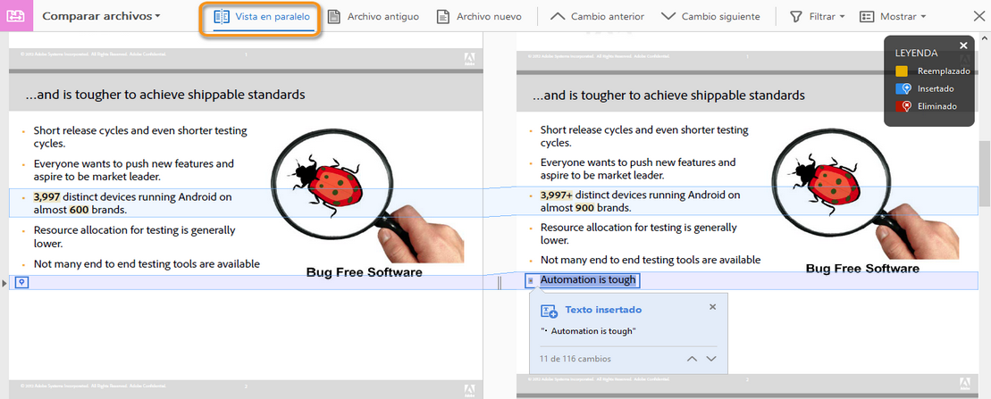 Comparación de dos versiones de un archivo PDF en Adobe Acrobat