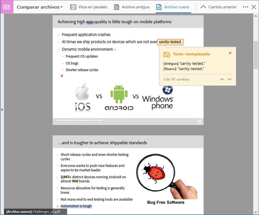 Comparación de dos versiones de un archivo PDF en Adobe Acrobat