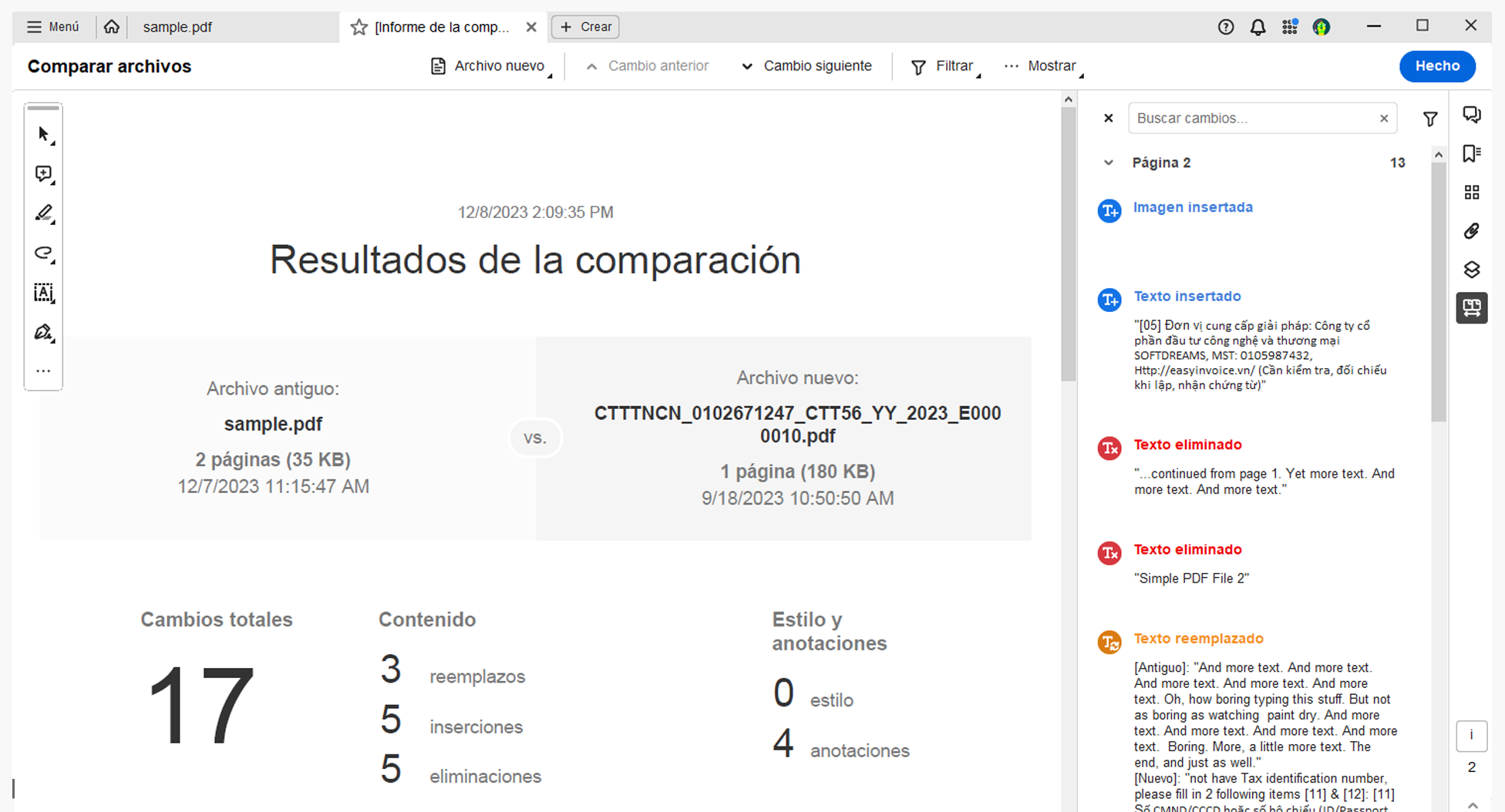 Comparación de dos versiones de un archivo PDF en Adobe Acrobat