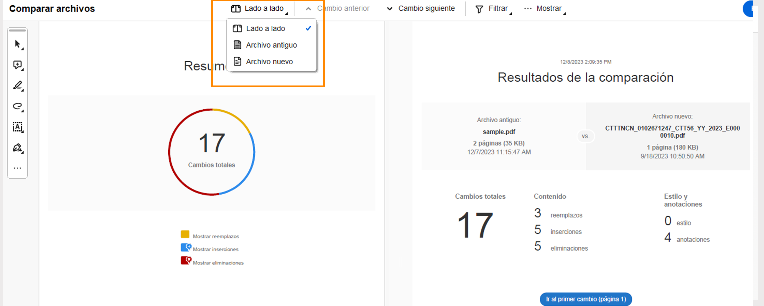 Comparación de dos versiones de un archivo PDF en Adobe Acrobat