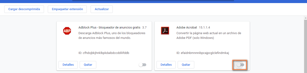 Active la extensión de Adobe Acrobat para Google Chrome