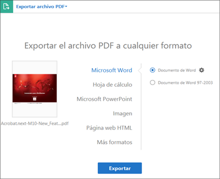 Convertir o exportar documentos PDF a otros formatos de archivo, Adobe ...