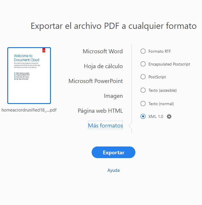 Opciones de formato de archivo para exportación de PDF, Adobe Acrobat