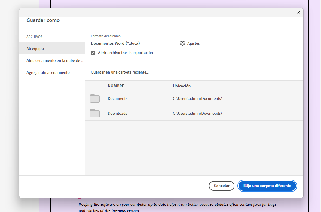 Convertir o exportar documentos PDF a otros formatos de archivo, Adobe ...