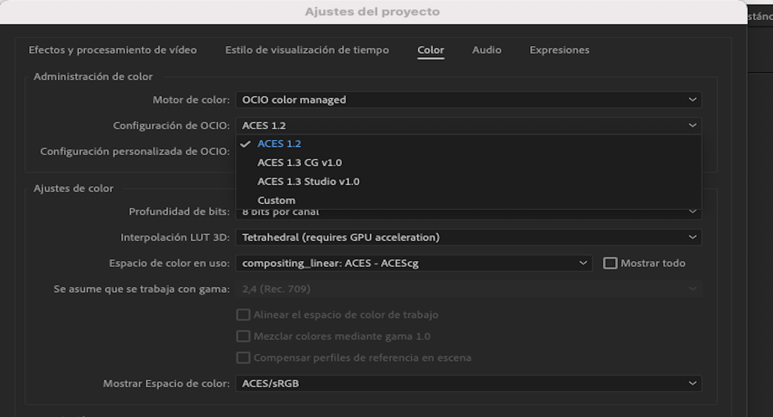 Gestión de color de OpenColorIO y ACE