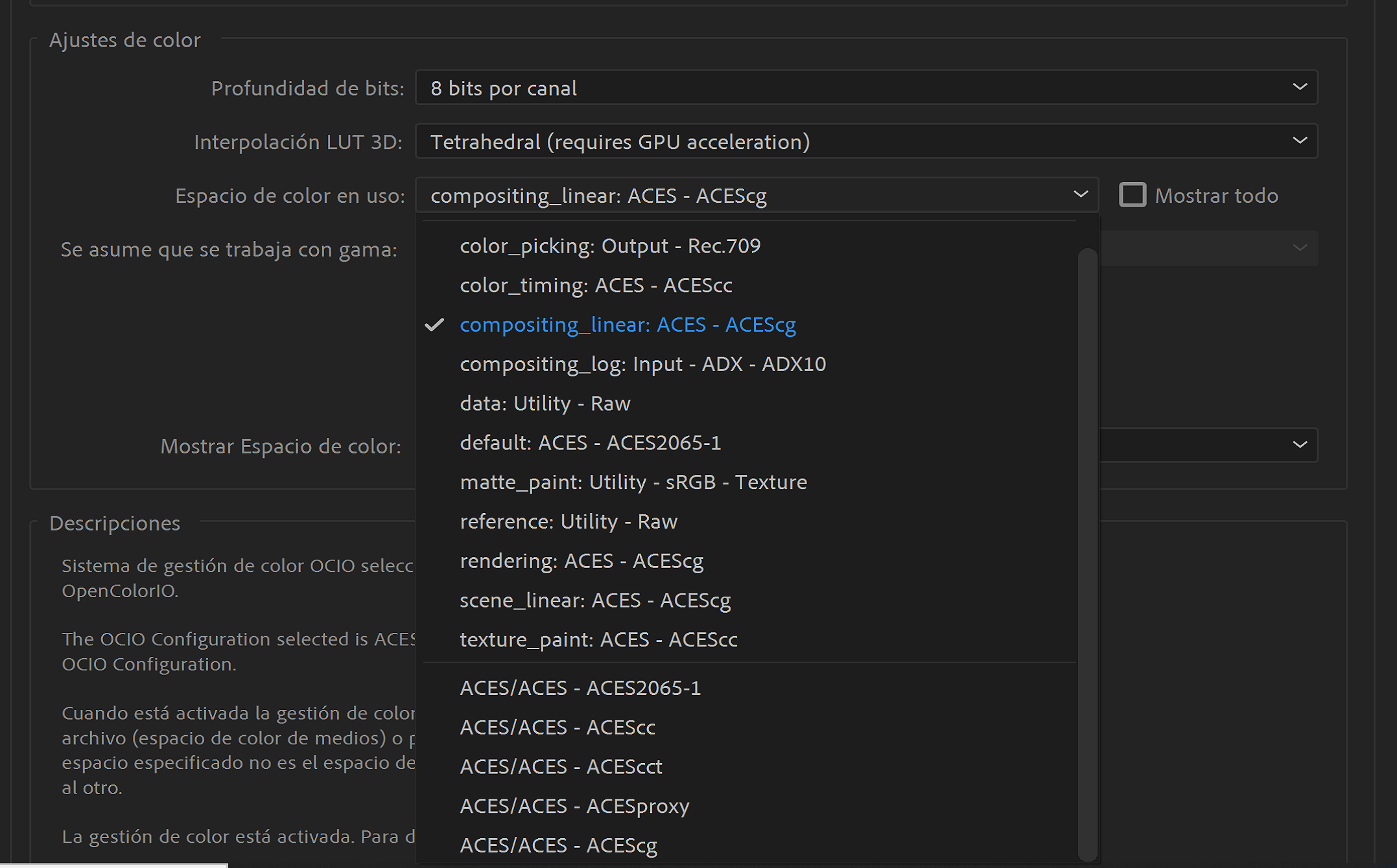 Gestión de color de OpenColorIO y ACES (Beta)