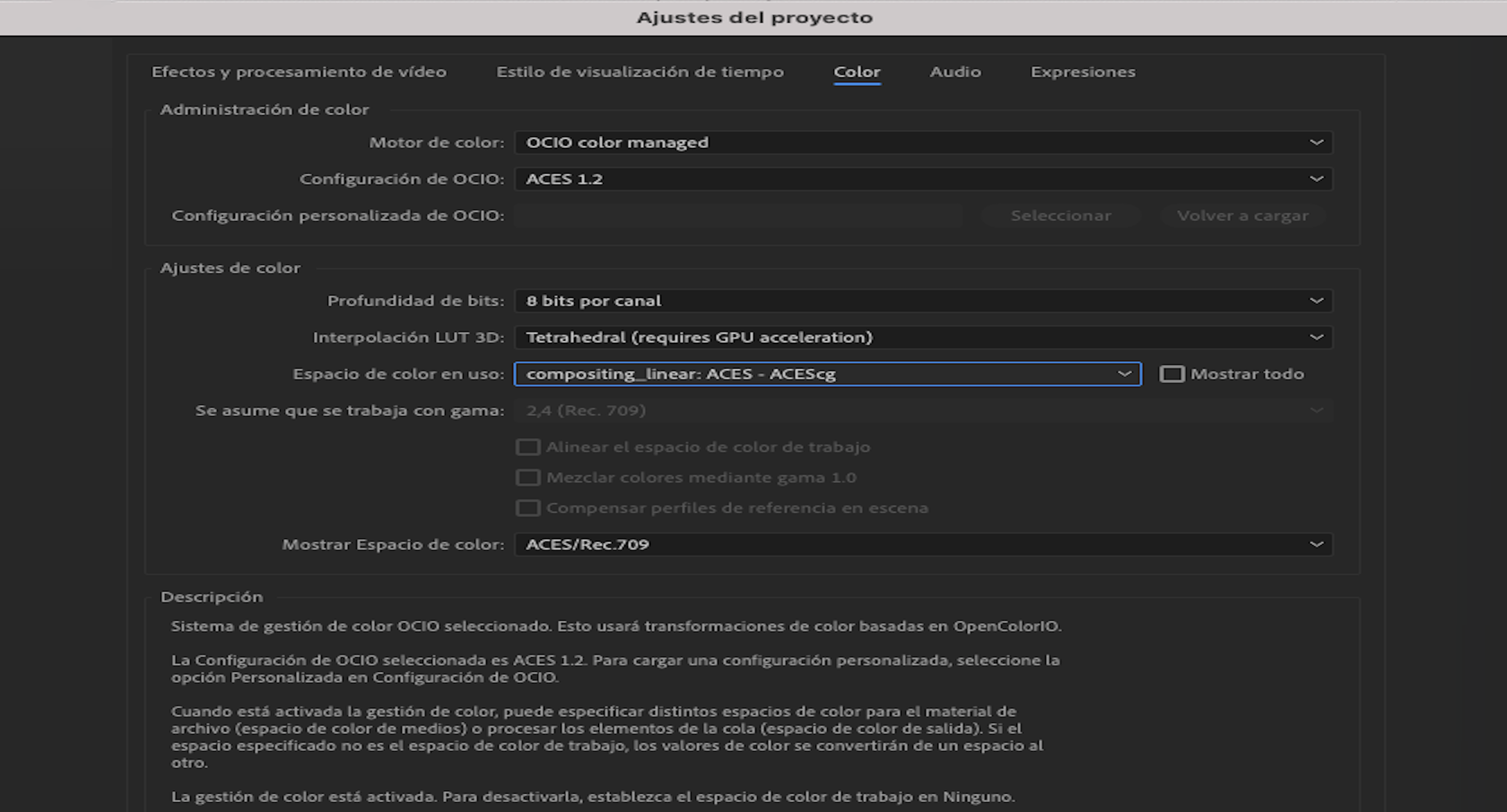 Gestión de color de OpenColorIO y ACE