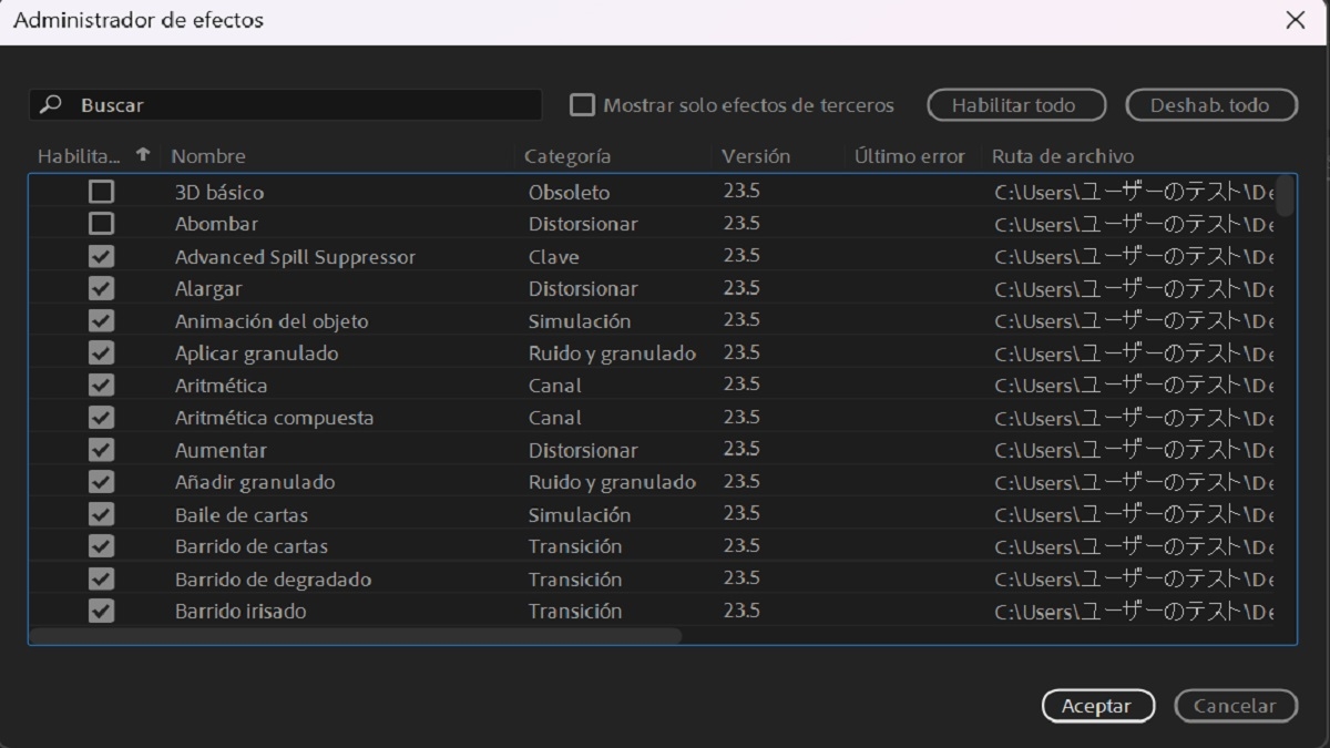 Administrador de efectos