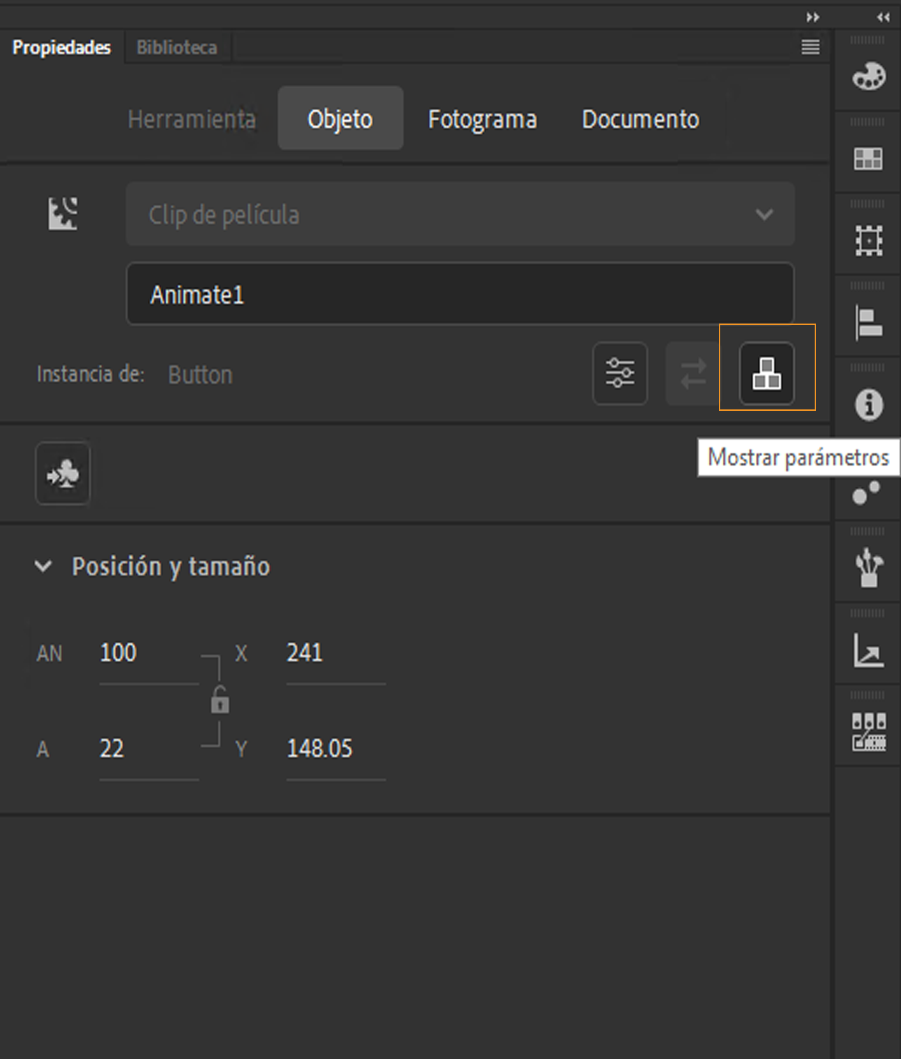 Paneles de edición en Animate